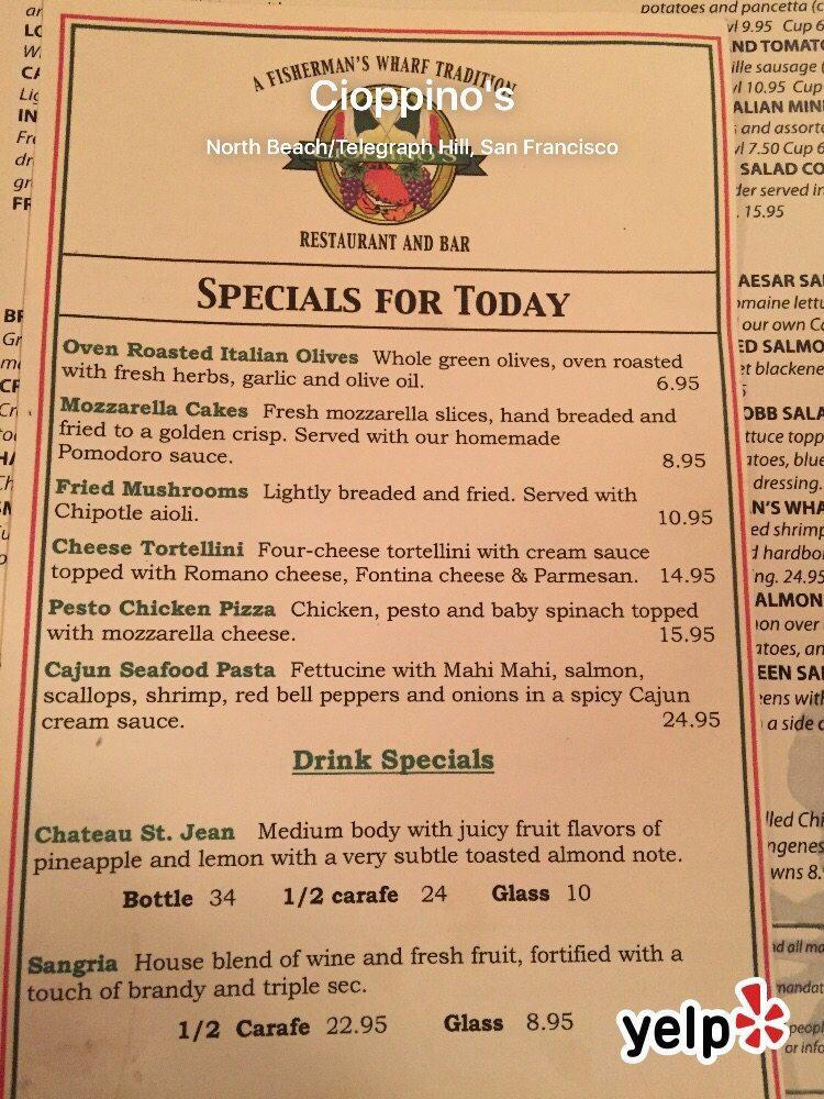 Menu at Cioppino's pub & bar, San Francisco