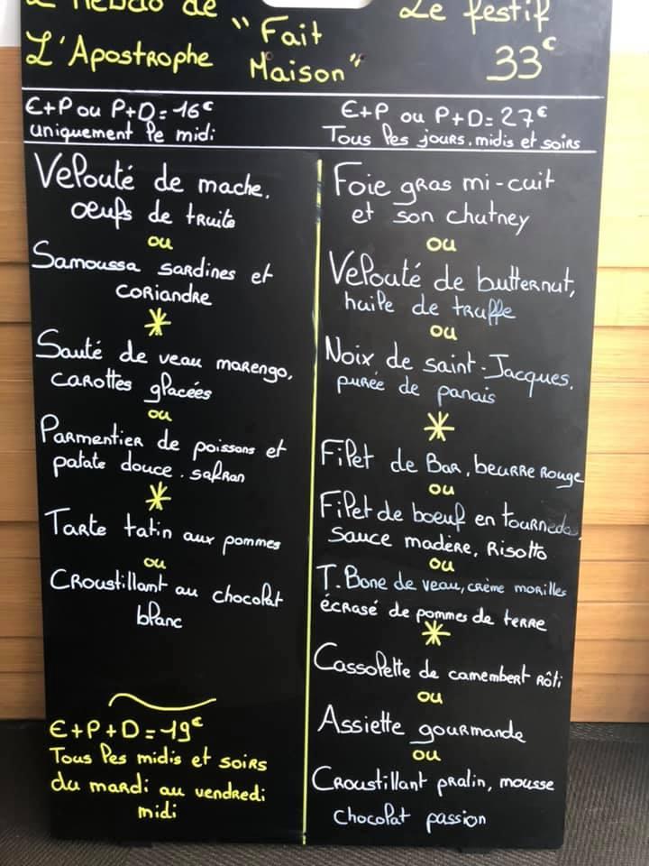 Menu au Apostrophe restaurant, Sucé-sur-Erdre