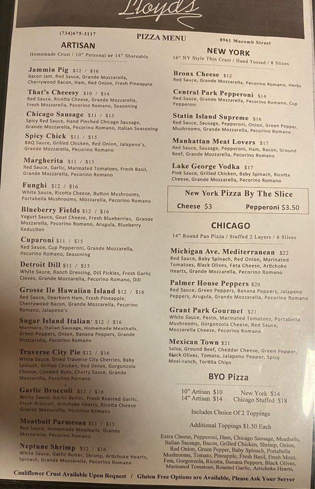 Menu at Lloyd's Bar & Grill, Grosse Ile Township, Macomb St