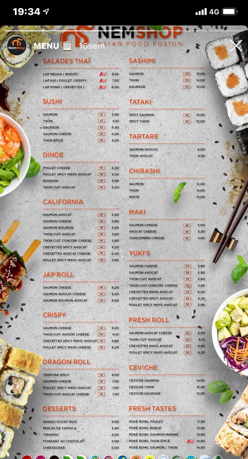 Menu at Nem Shop restaurant, Nanterre