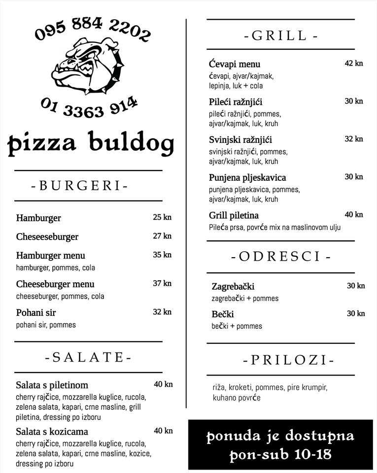 Menu at Pizza Buldog pizzeria, Samobor