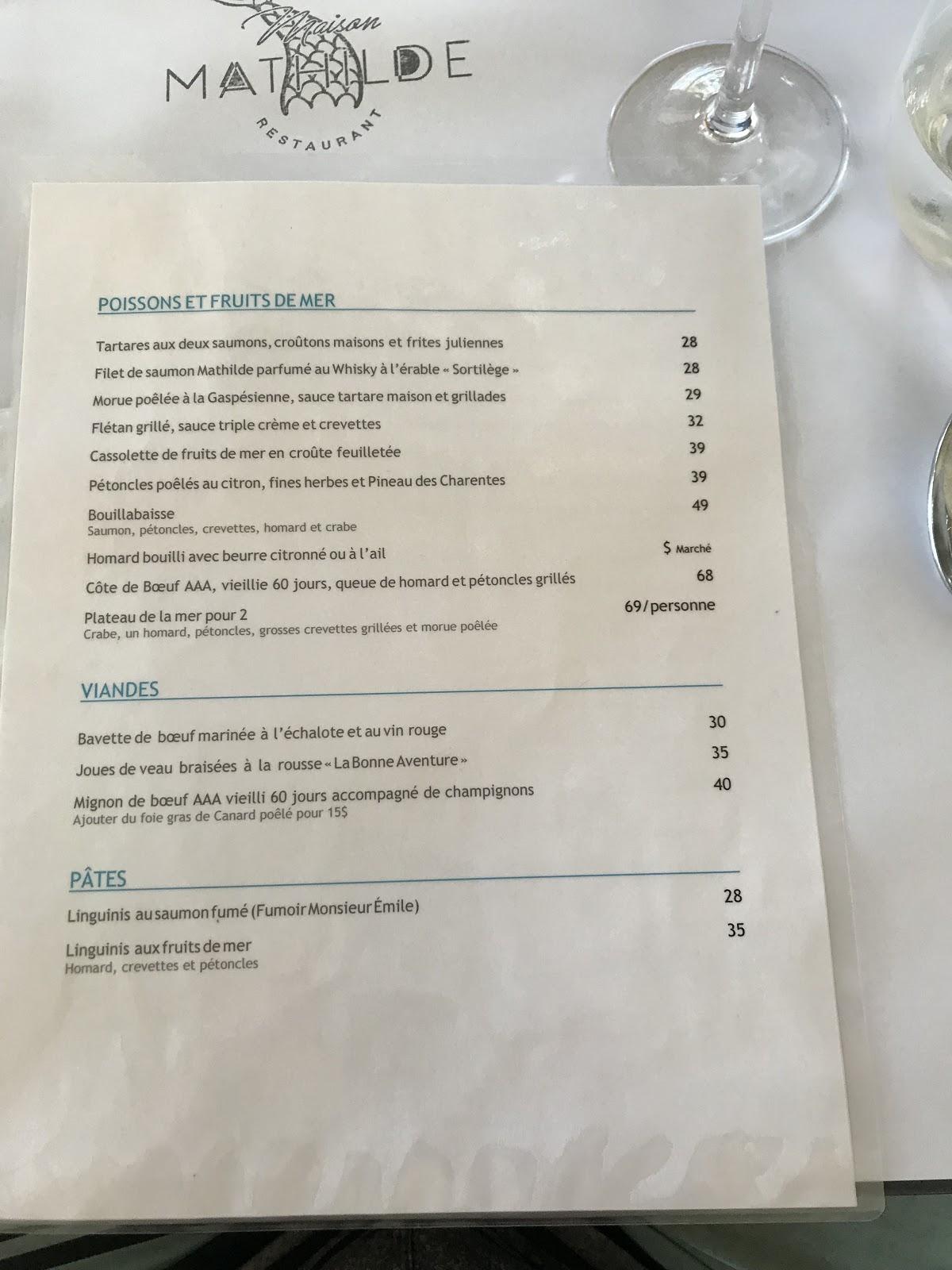 Menu au Restaurant La Maison Mathilde, Percé