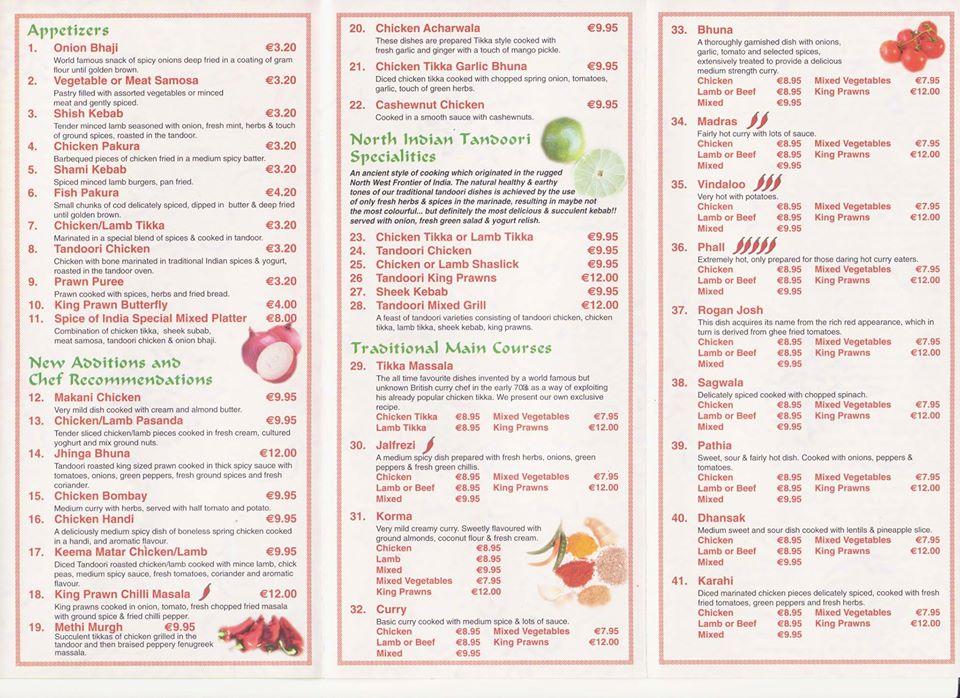 Menu at Spice of India restaurant, Limerick
