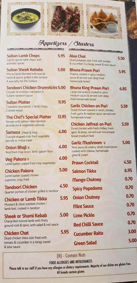 Menu at Sultan of Keswick restaurant, Keswick