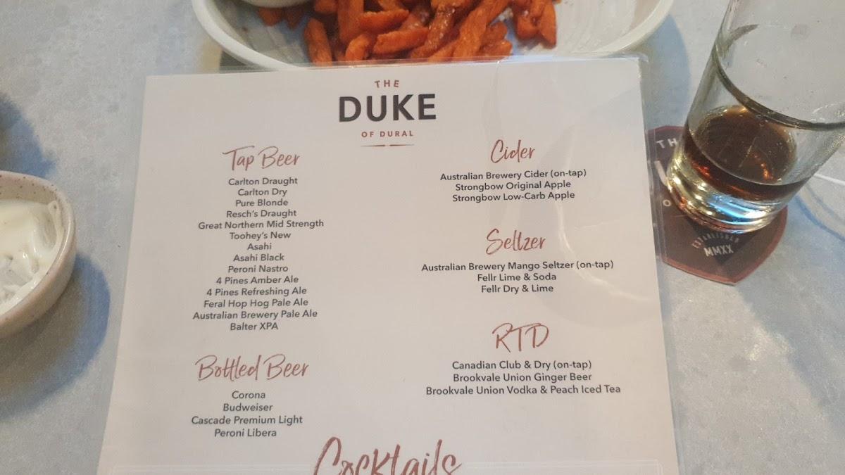 Carta del pub y bar The Duke of Dural, Dural
