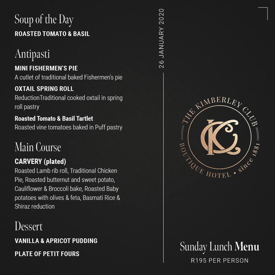 Menu at The Kimberley Club Hotel, Kimberley