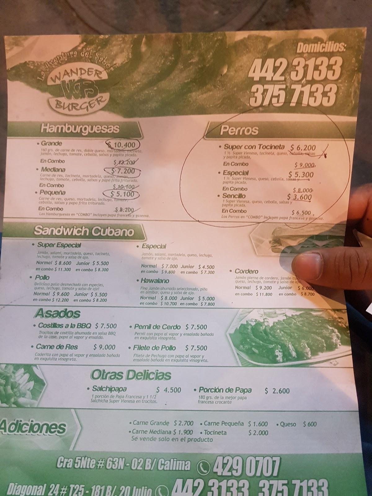 Menu at Wander Burger restaurant, Cali, Tv. 29
