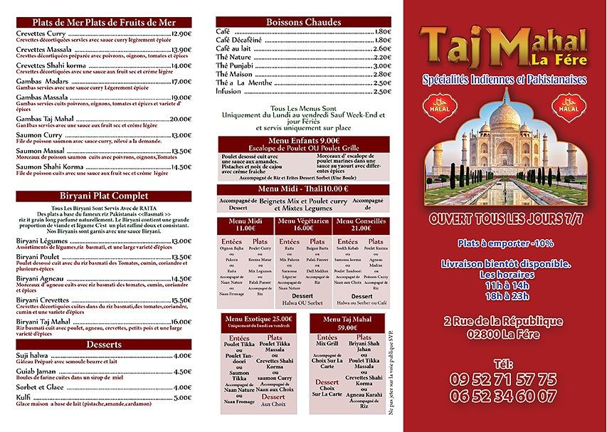 Menu at Bar Restaurant TAJ Mahal, La Fère