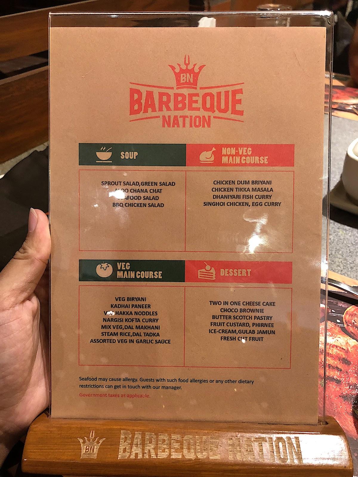 Menu at Barbeque Nation, Dimapur