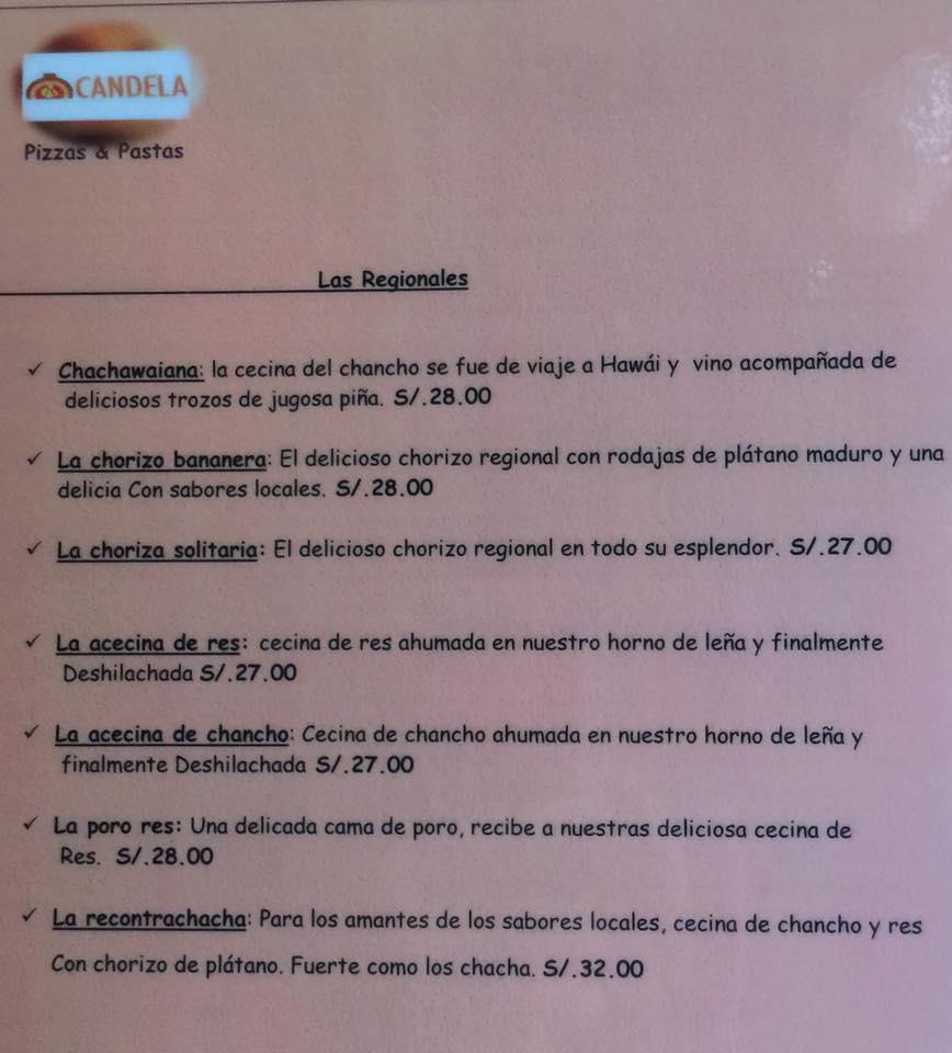 Menu at Candela restaurant, Chachapoyas