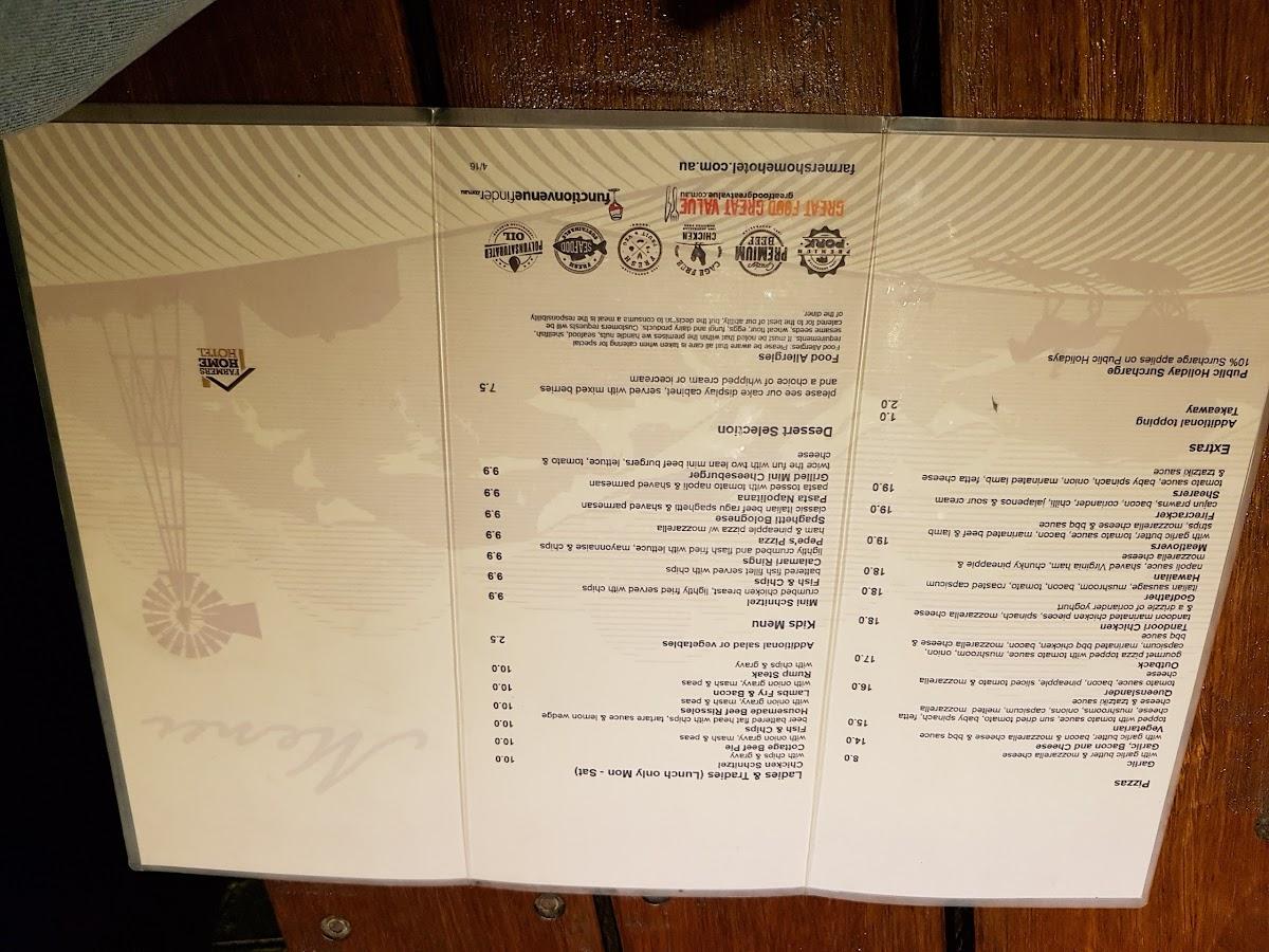 Menu at Farmers Home Hotel pub & bar, Wagga Wagga