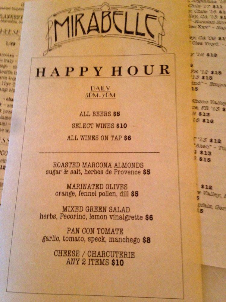Menu at Mirabelle pub & bar, Los Angeles, Burbank Blvd