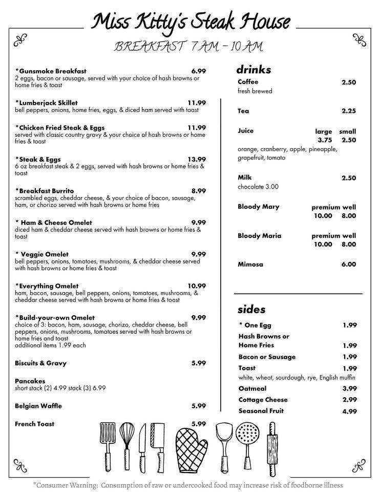 Menu at Miss Kitty's Steak House steakhouse, Williams