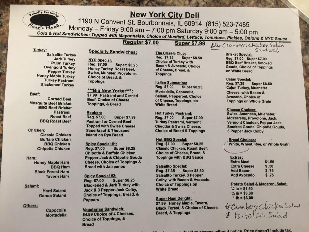 Menu at New York City Deli restaurant, Bourbonnais
