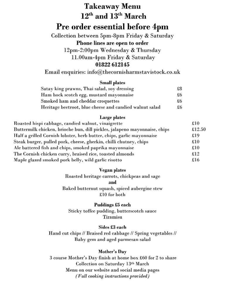 Menu at The Cornish Arms pub & bar, Tavistock