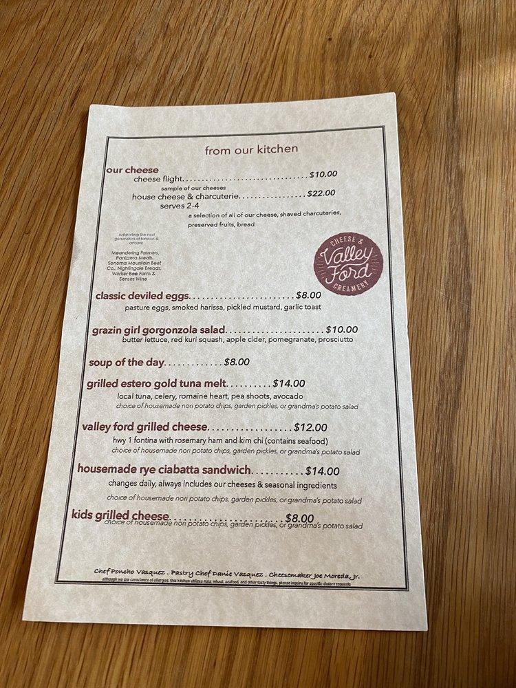 Menu at Valley Ford Cheese and Creamery restaurant, Valley Ford