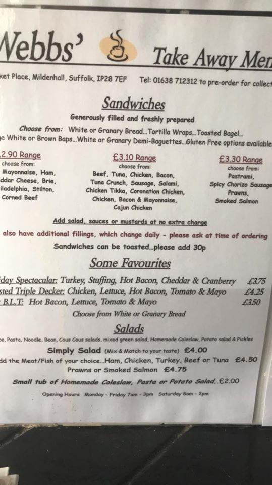 Menu at Webbs Sandwich Bar, Mildenhall