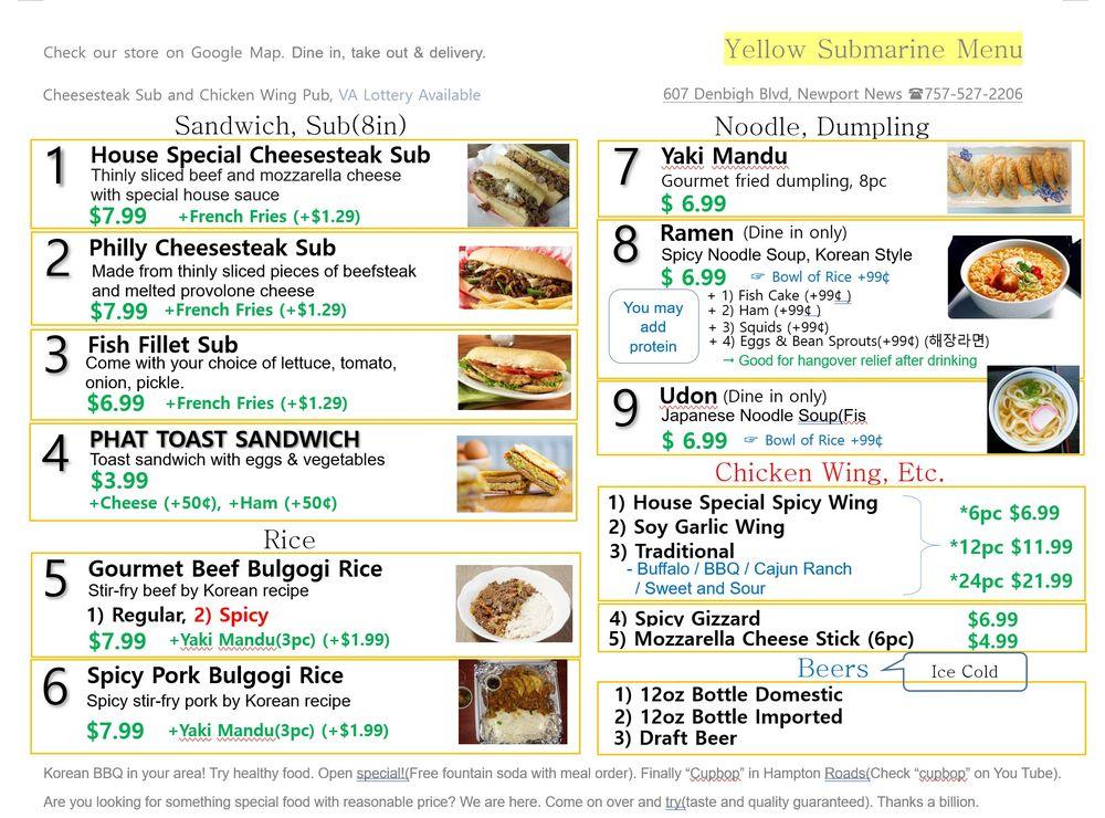 Carta del restaurante Yellow Submarine, Newport News