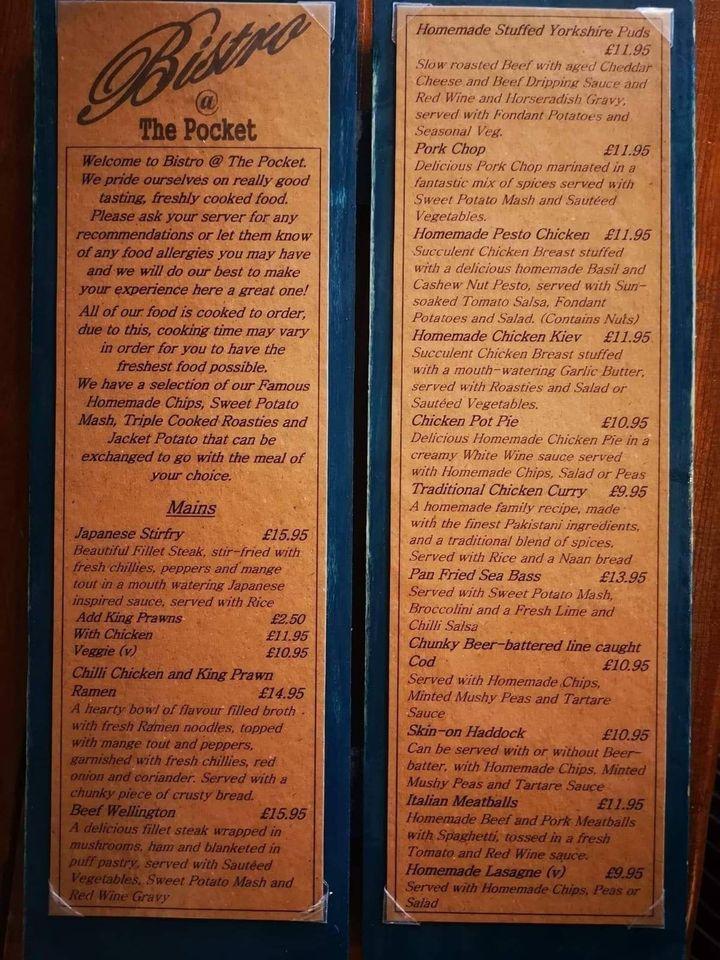 Menu at Bistro @ the Pocket restaurant, Barnsley