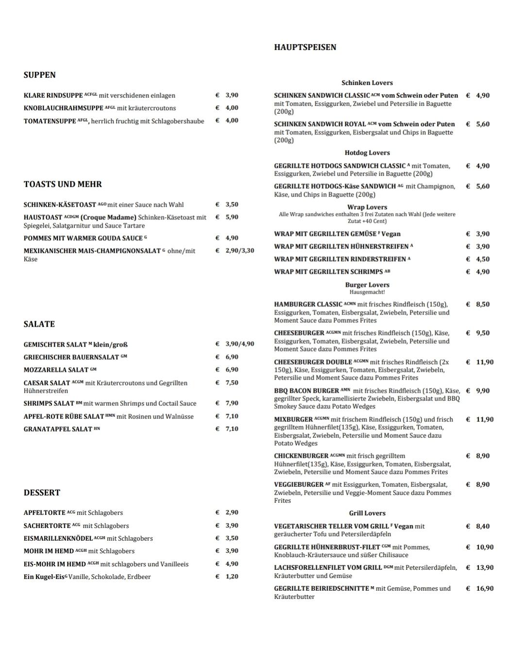Menu at Moment Cafe and Restaurant, Vienna