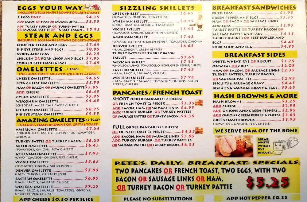 Menu at Pete’s Grill fast food, Chicago