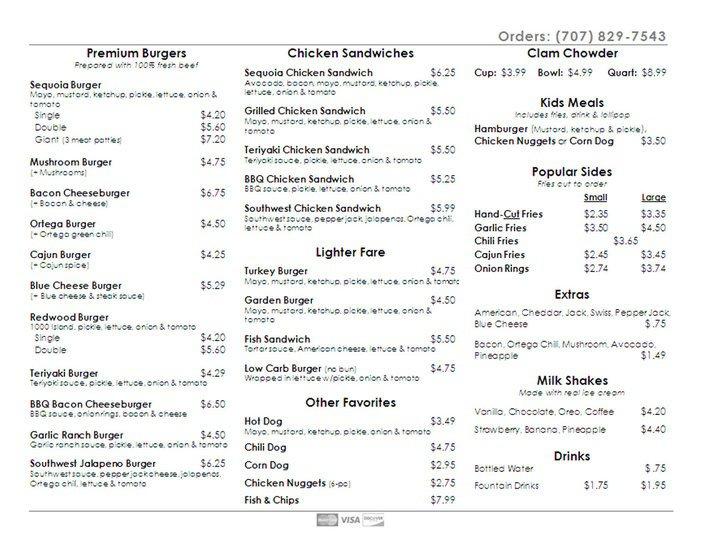 Menu at Sequoia Burger fast food, Sebastopol