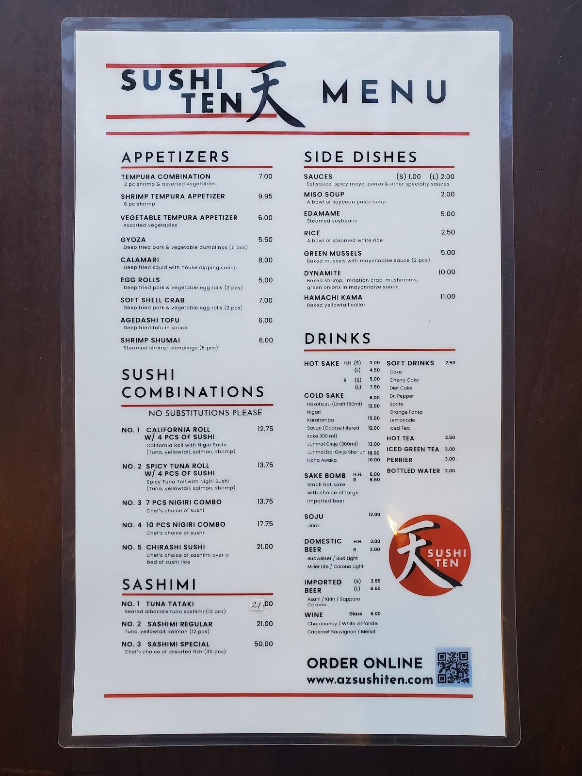 Menu at Sushi-Ten Japanese restaurant, Tucson