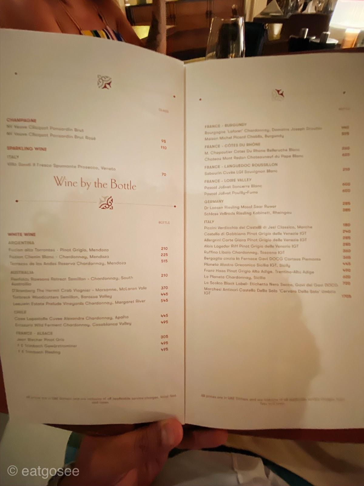 Menu at Terra Secca restaurant, Abu Dhabi, Al Wathba