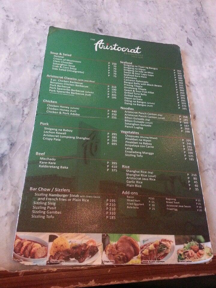 Menu at The Aristocrat restaurant, Pasay, GXMM+R6R