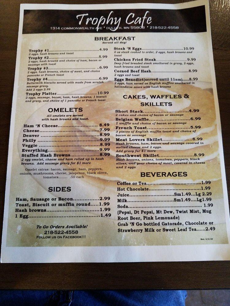 Menu at Trophy Cafe, Duluth