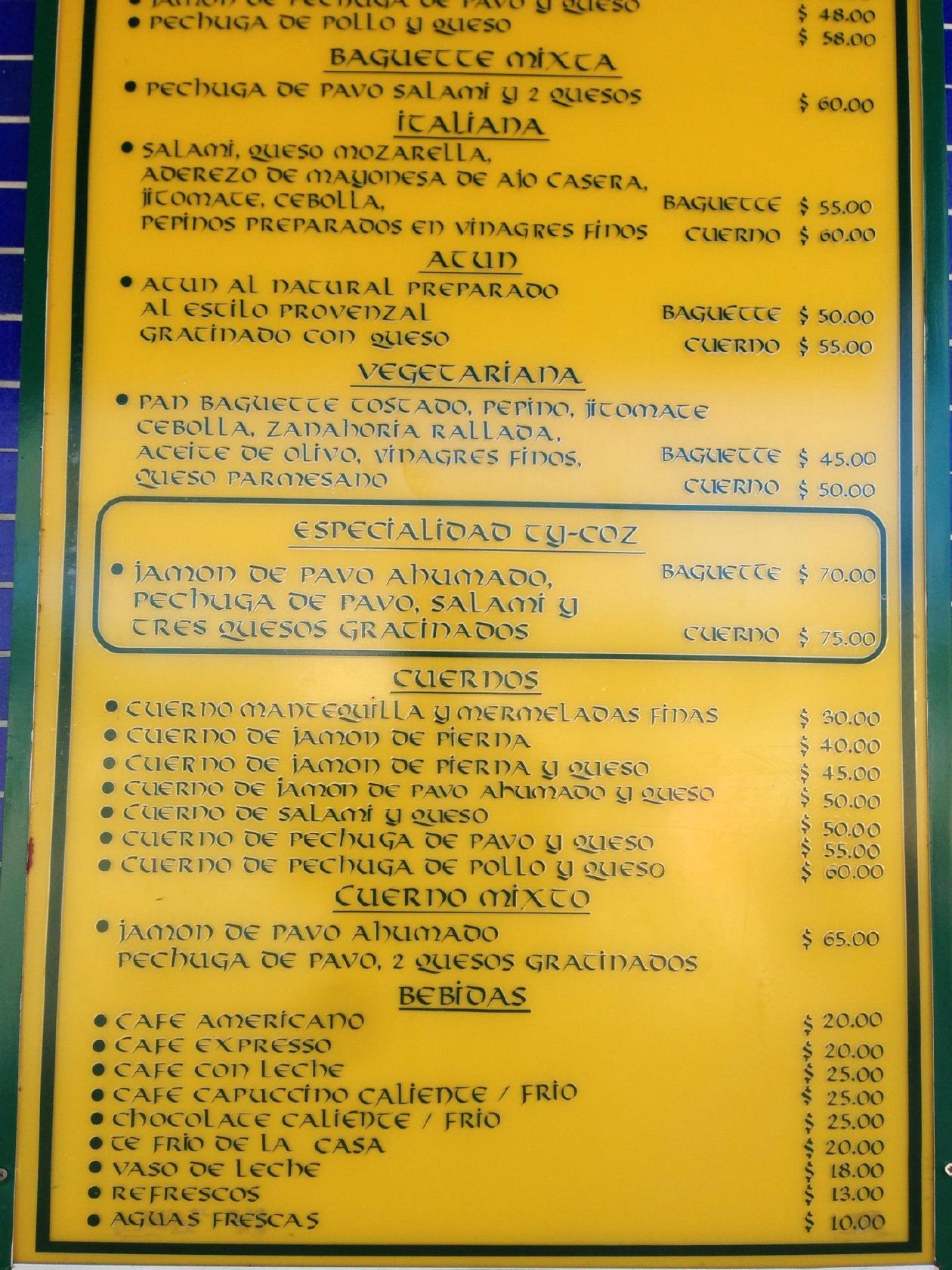 Menu at Ty-coz Expres restaurant, Cancún, Av. Las Torres 77