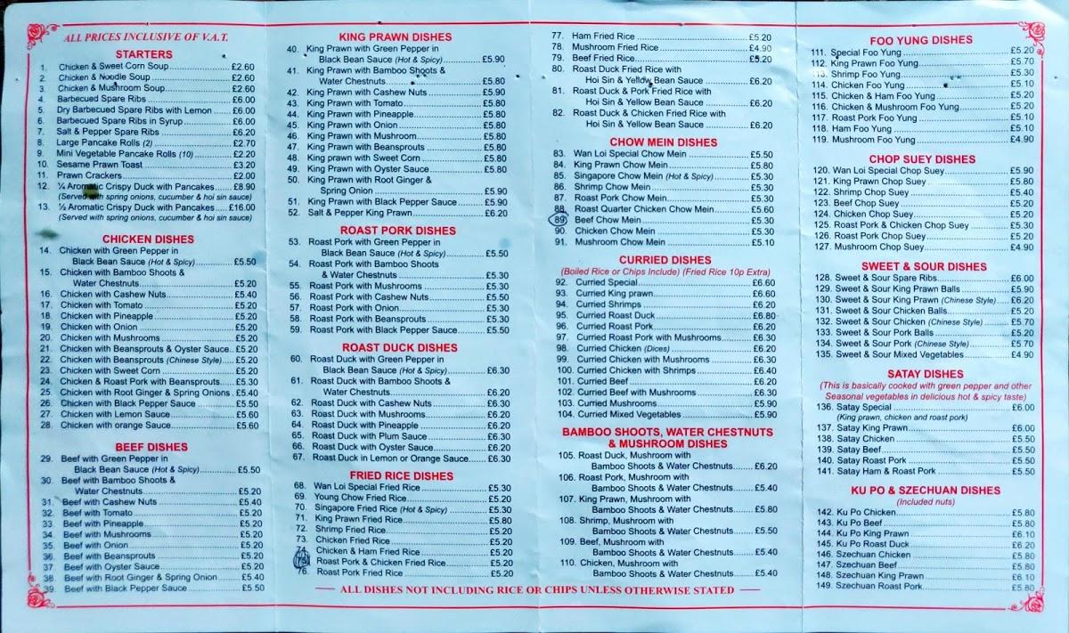 Menu at Wan Loi Takeaway fast food, Newport