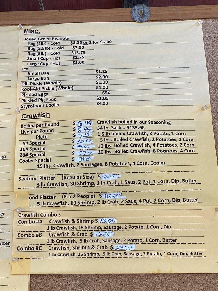 Menu at Clark's Crawdad Hole restaurant, Winnsboro