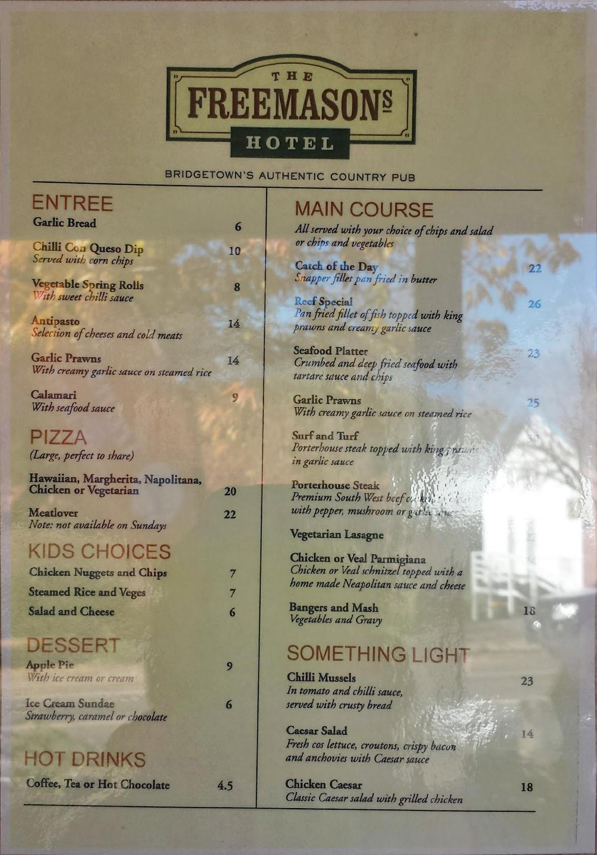 Menu at The Freemasons Hotel pub & bar, Bridgetown