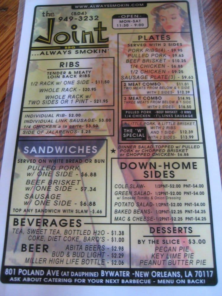 Menu at The Joint BBQ, New Orleans, 701 Mazant St