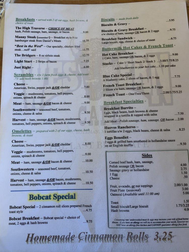 Menu at Western Café restaurant, Bozeman