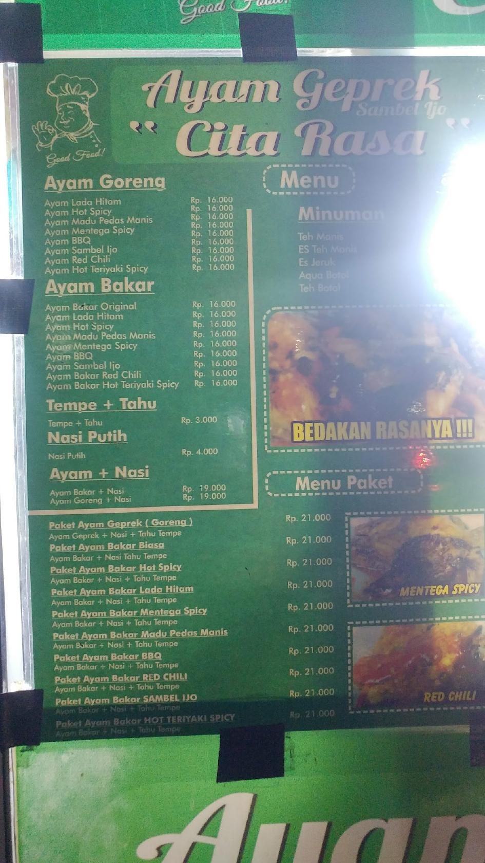 Menu at Ayam Bakar dan Geprek Sambal Ijo Cita Rasa - Sentiong ...