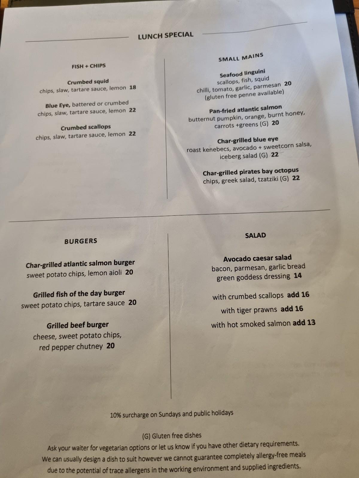 Menu at Blue Eye Seafood Restaurant, Hobart