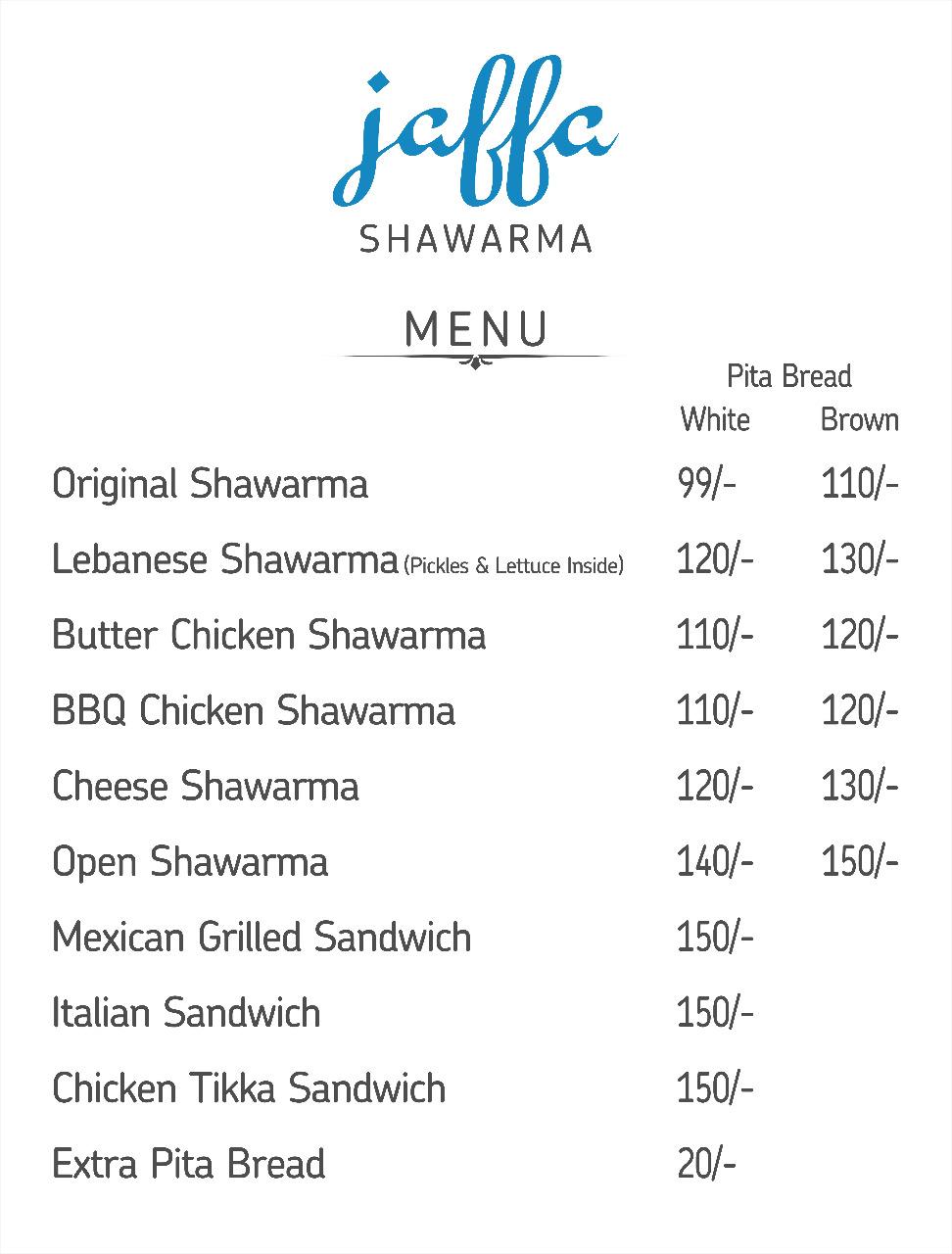 Menu at Jaffa Shawarma, Bhopal, Shop No.3