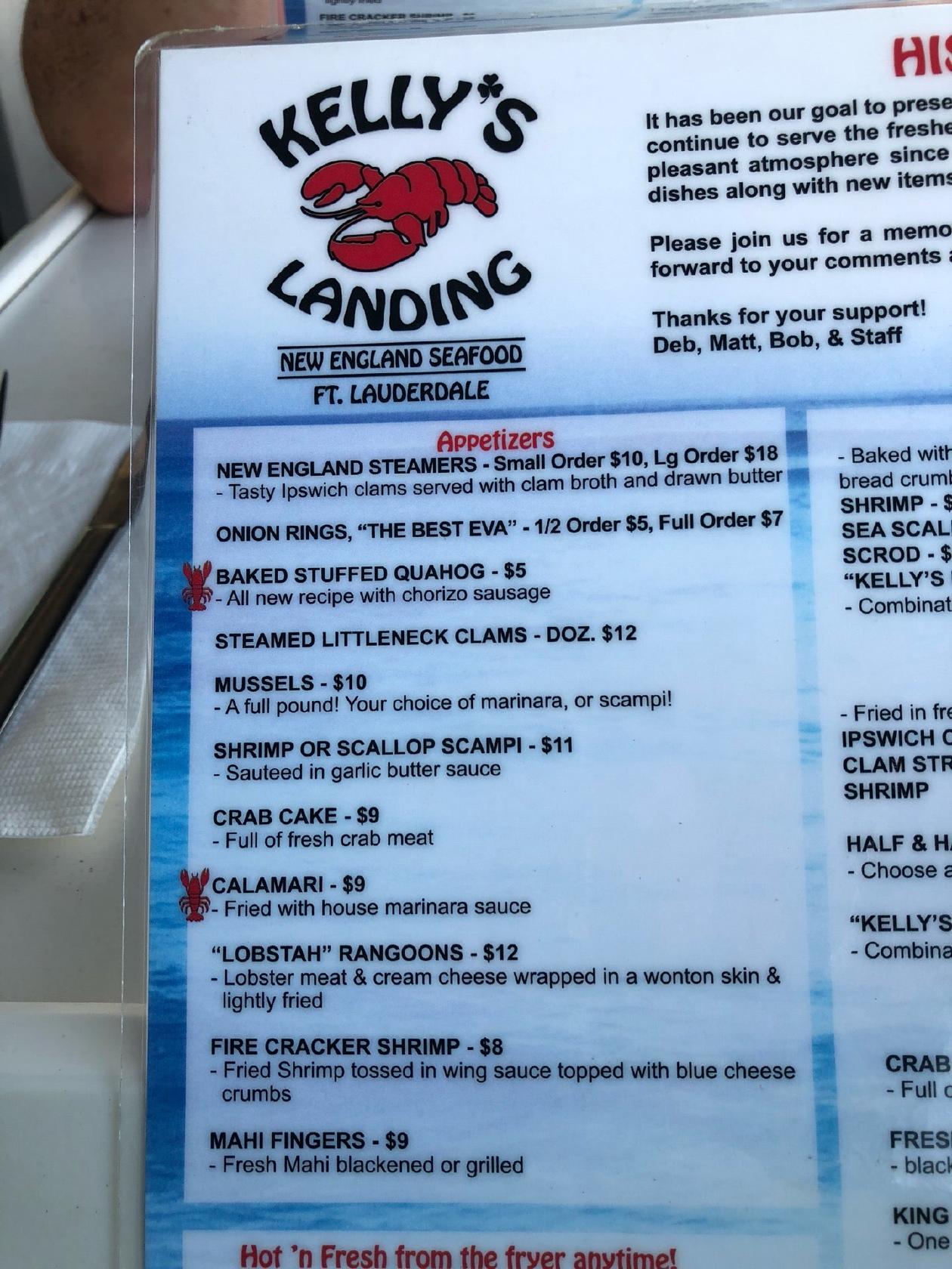 Menu at Kelly's Landing New England Seafood pub & bar, Fort Lauderdale ...