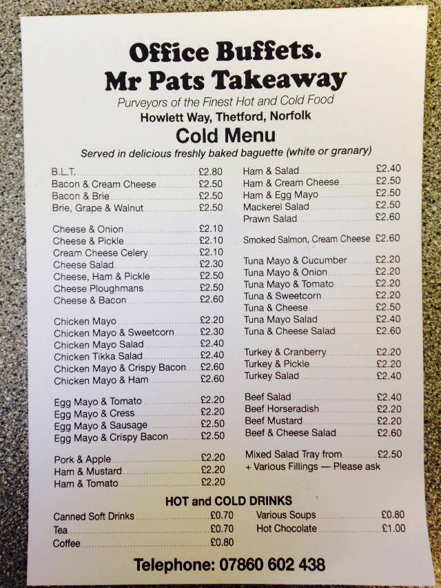 Menu at Mr Pats cafe, Thetford