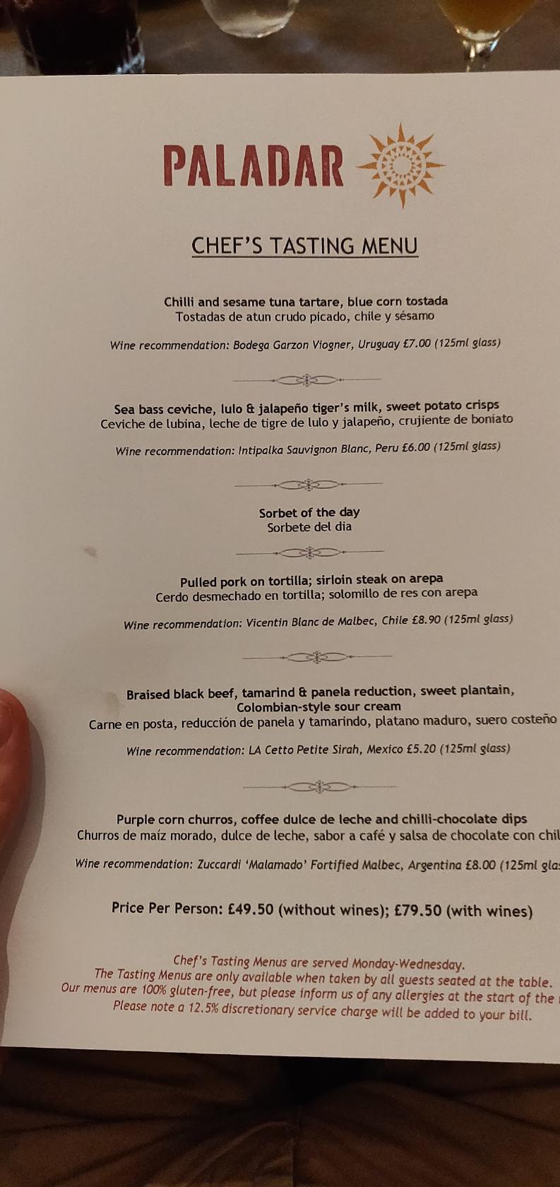 Menu at Paladar pub & bar, London