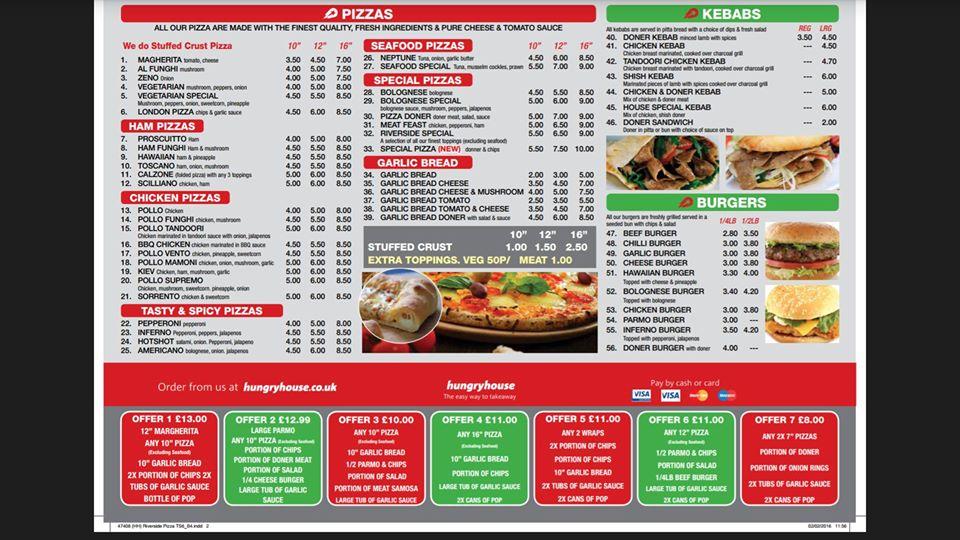 Menu at Riverside Pizza fast food, Middlesbrough