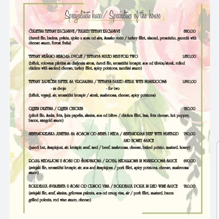 Menu at Tiffany restaurant, Vrbas, BB PALIH BORACA