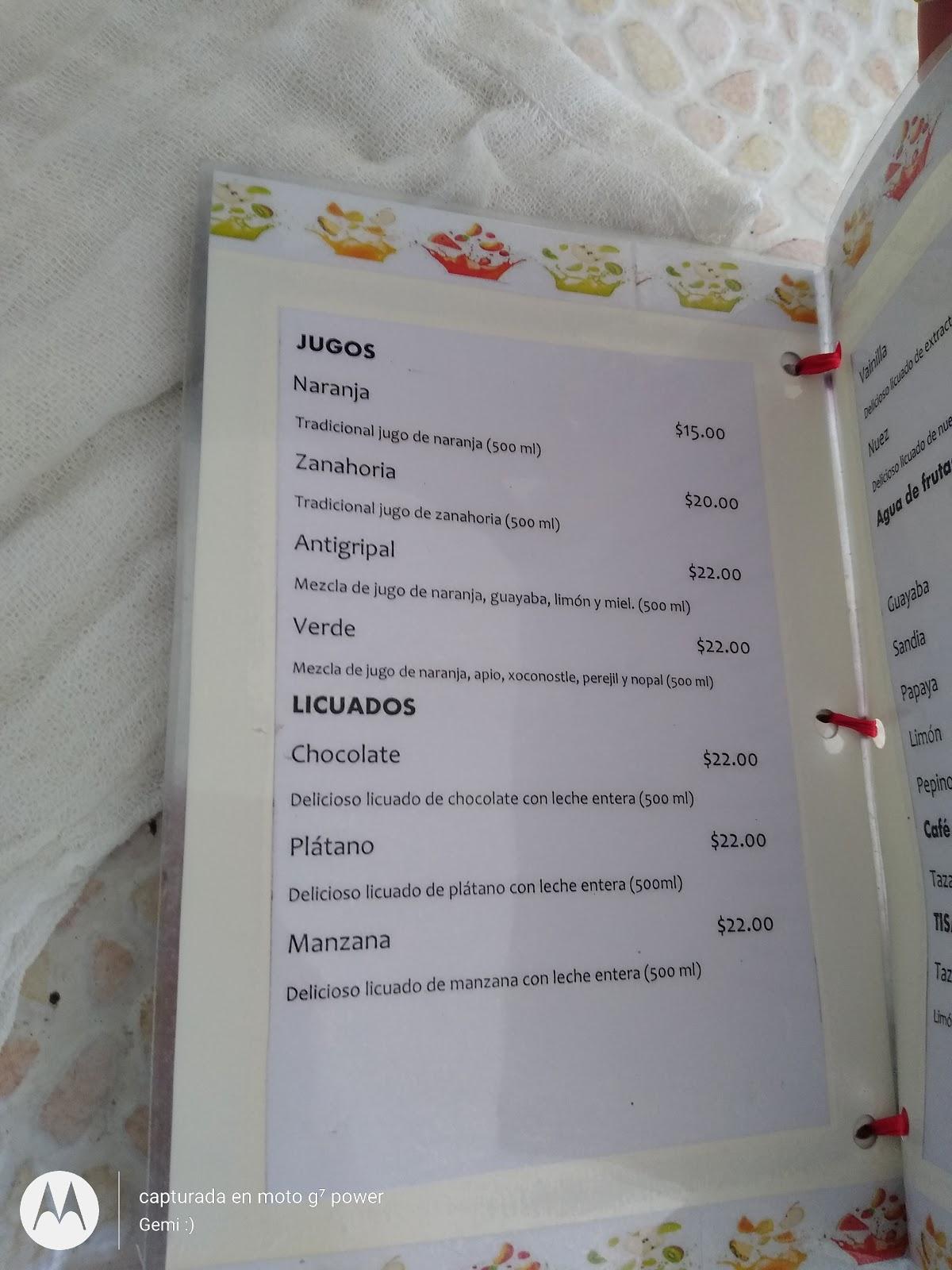 Menu at La Juguería restaurant, Toluca