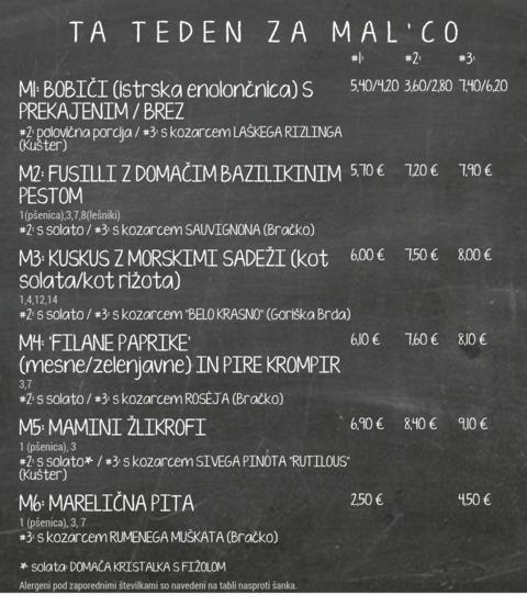 Menu at Malca Mimogrede restaurant, Maribor