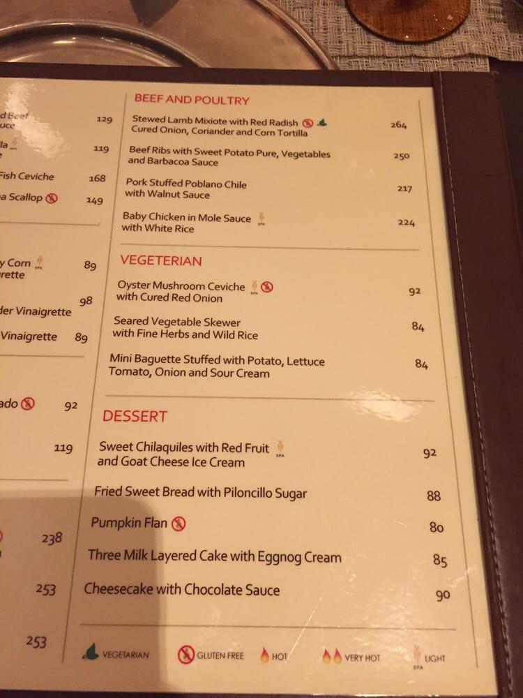 Menu at Cielo restaurant, Cancún