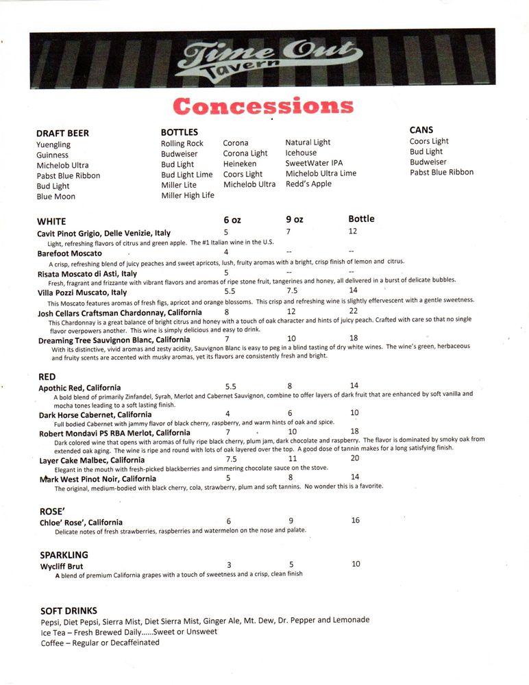 Menu at TimeOut Tavern pub & bar, Newport, 360 E Chatham St
