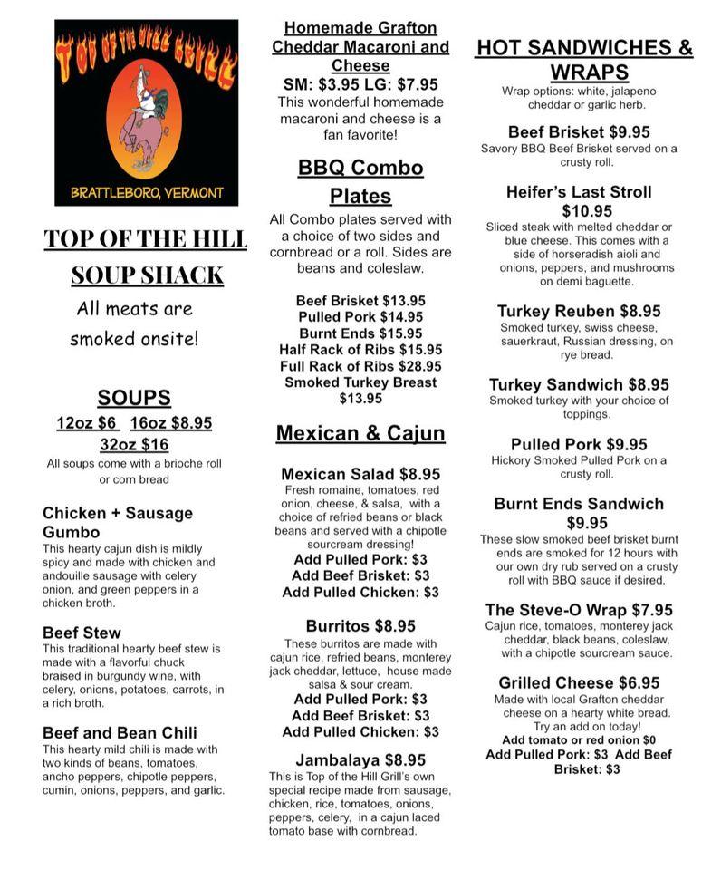 Menu at Top of the Hill Grill BBQ, Brattleboro