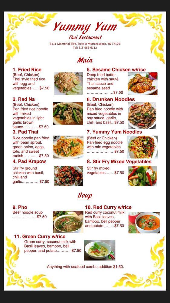 Menu at Yummy Yum Thai Restaurant, Murfreesboro, Memorial Blvd